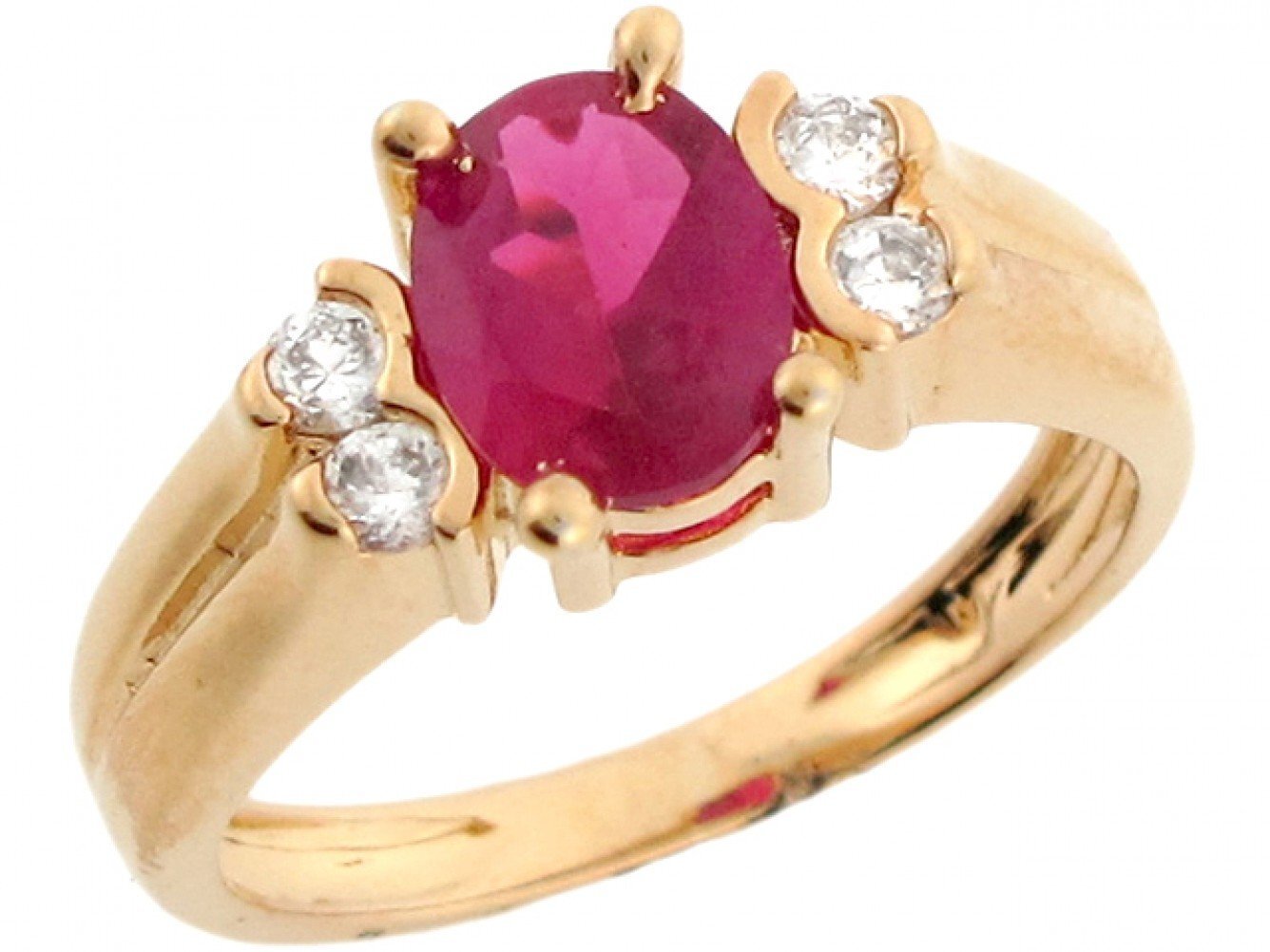 10k or 14k Real Yellow Gold Oval Simulated Ruby Ring with Round CZ ...