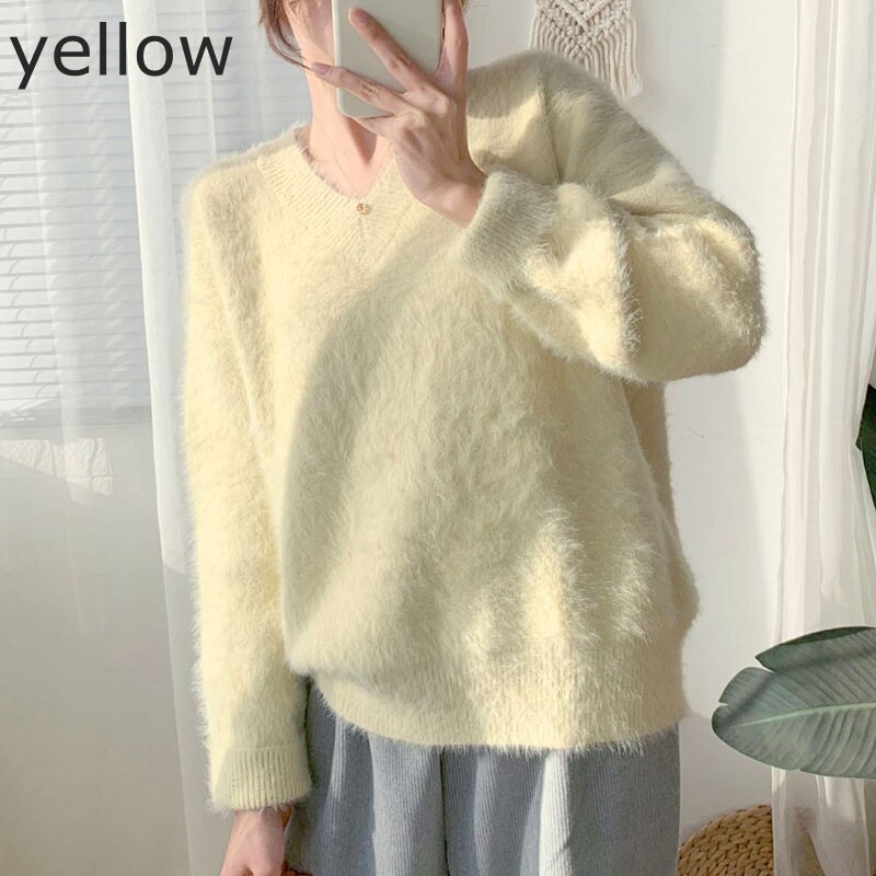 Women Faux Mohair Fur Knitted Top Pullover Sweater Jumper Blouse V-neck ...