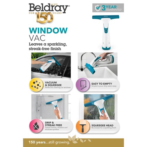 Beldray Cordless Window Vac Rechargeable Vacuum Cleaner Squeegee Blue ...
