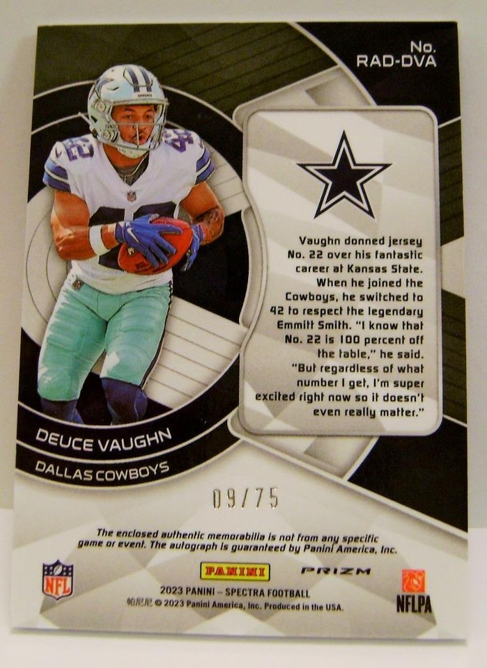 DEUCE VAUGHN RC RPA AUTO RELIC 2 COLOR #9 /75 SPECTRA PANINI FOOTBALL ...