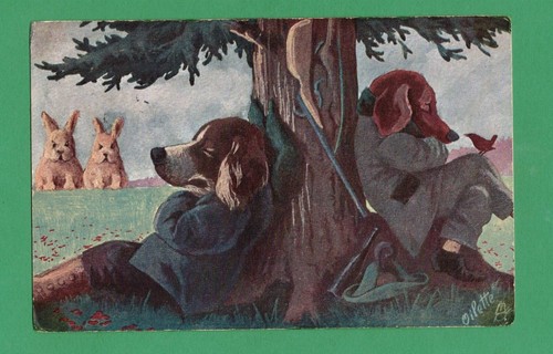 1910 TUCK "SUNDAY HUNTERS" ART POSTCARD RABBITS WATCH DRESSED SLEEPING ...
