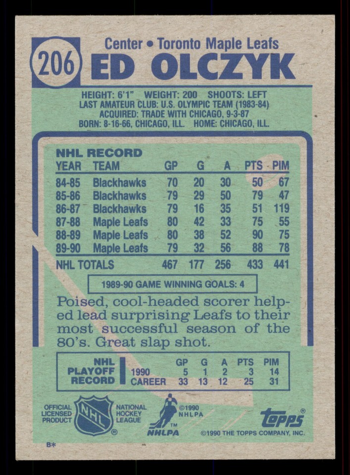 1990 Topps Ed Olczyk #206 Toronto Maple Leafs | eBay