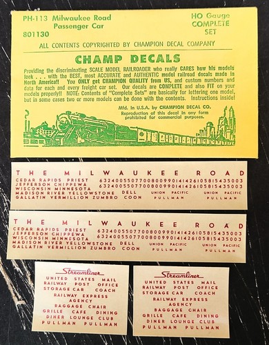 CHAMP DECALS, #PH-113, MILWAUKEE ROAD PASSENGER CAR, RED LETTERING, HO ...