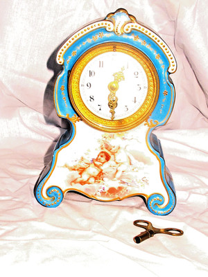 Antique porcelain mantle dresser clock Ansonia ? French? runs with key ...