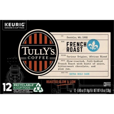 Tully's Coffee French Roast Keurig K-Cup Pods, Extra Bold Dark, 12 ...