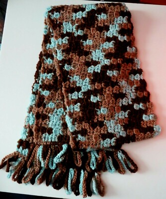 Scarf Handmade Winter Scarf 60" Dark Brown-Tan-Blue 2" Loop Fringes | eBay