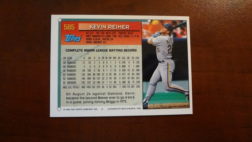 1994 TOPPS # 585 KEVIN REIMER BASEBALL CARD | eBay