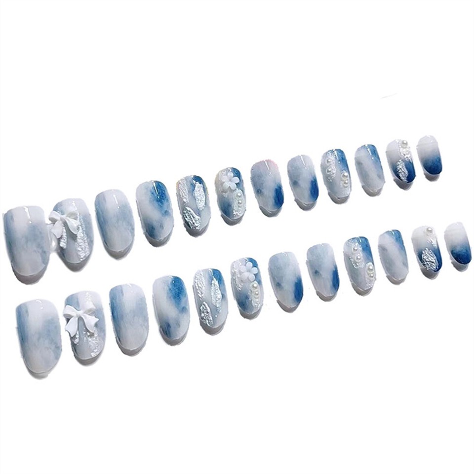 Blooming Blue Pearl False Nail Medium Almond Press on Nails for Nails ...