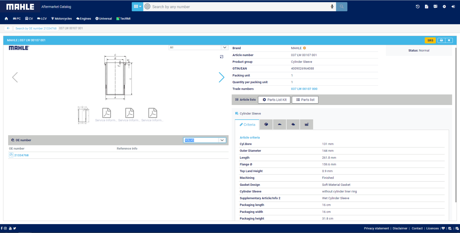 VOLVO D13 CYLINDER LINER 21334768 + o'rings 270950 OE Germany Made in ...