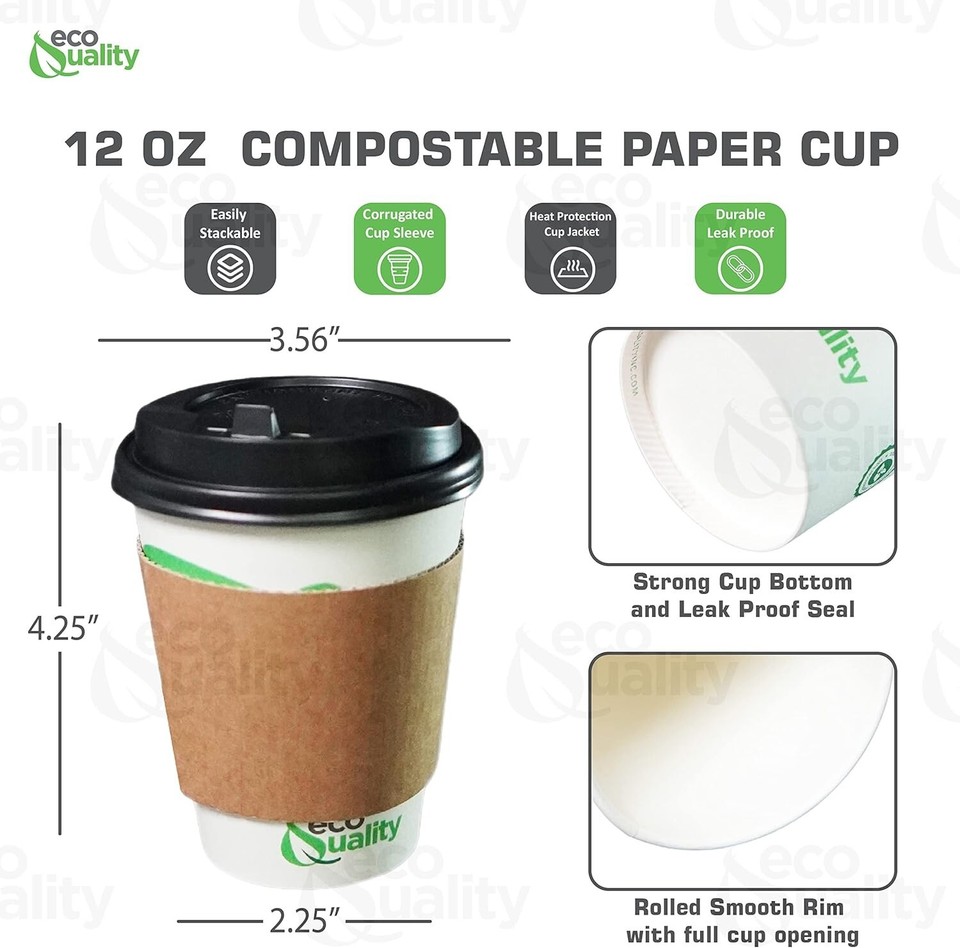 12oz Compostable Paper Cups with Black Dome Lids and Sleeves 250pcs | eBay