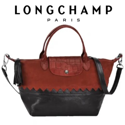 Limited Edition Longchamp Le Pliage Medium Cuir Handbag Red Suede Black ...