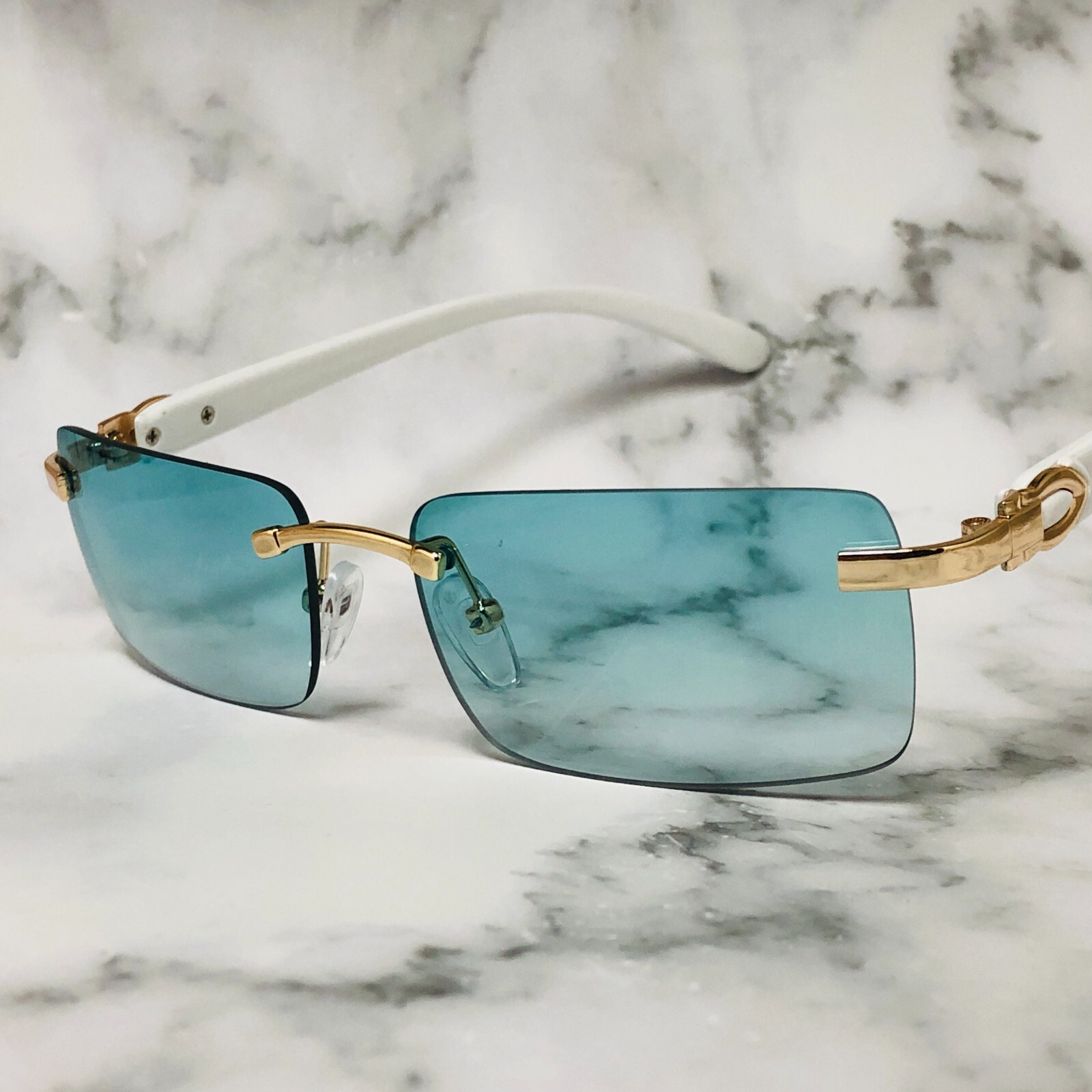 Black Tint Mens Rectangle Luxury Hip Hop Fashion Gold Frame Rimless ...