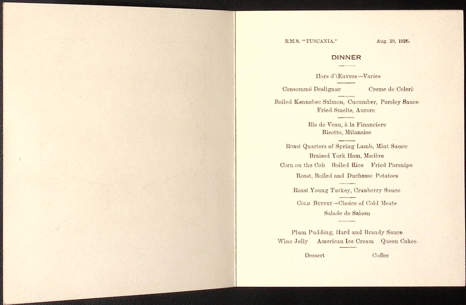 Aug 29 1926 Cunard Line RMS TUSCANIA Dinner Menu Bird & Floral ...