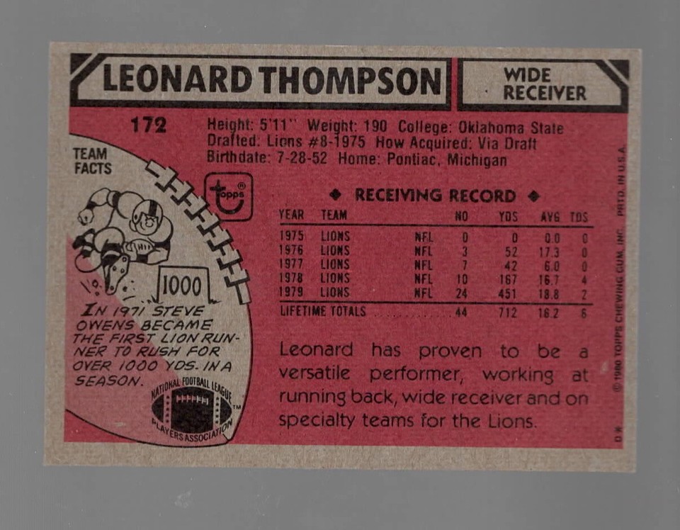 1980 Topps #172 Leonard Thompson Excellent/NM | eBay