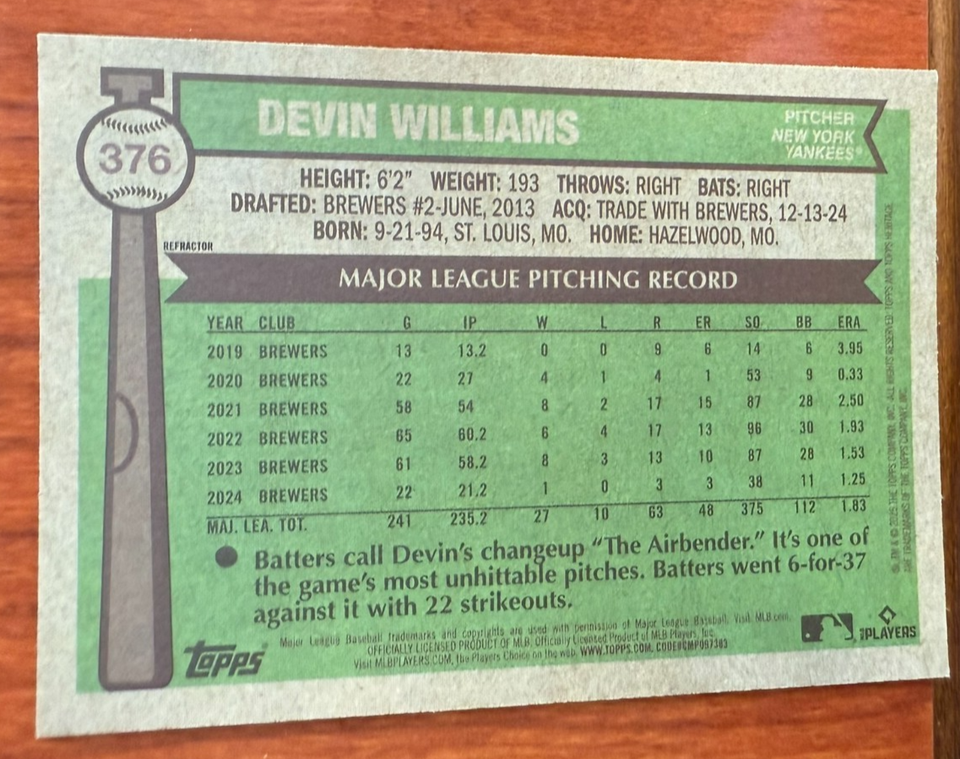 2025 Topps Heritage Silver Border Chrome Devin Williams New York ...