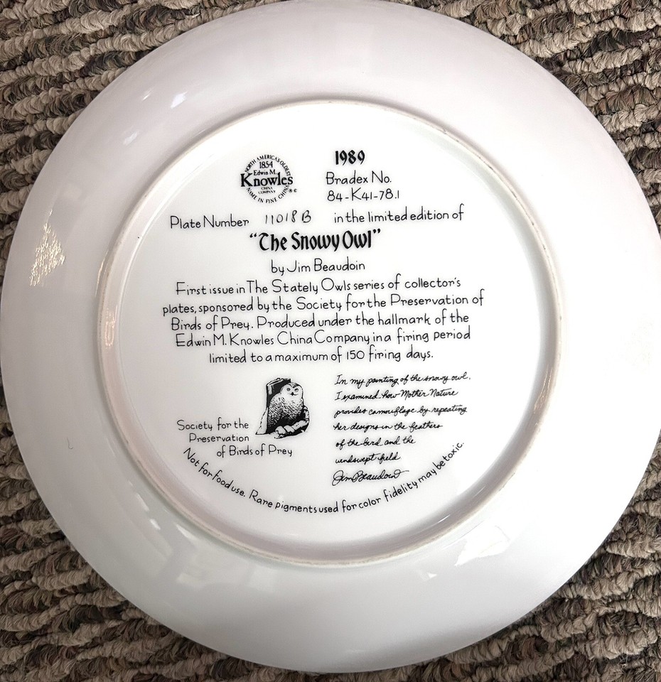 Vtg Jim Beaudoin Snowy Owl Dish Stately Owl Series Knowles Plate 1989 ...