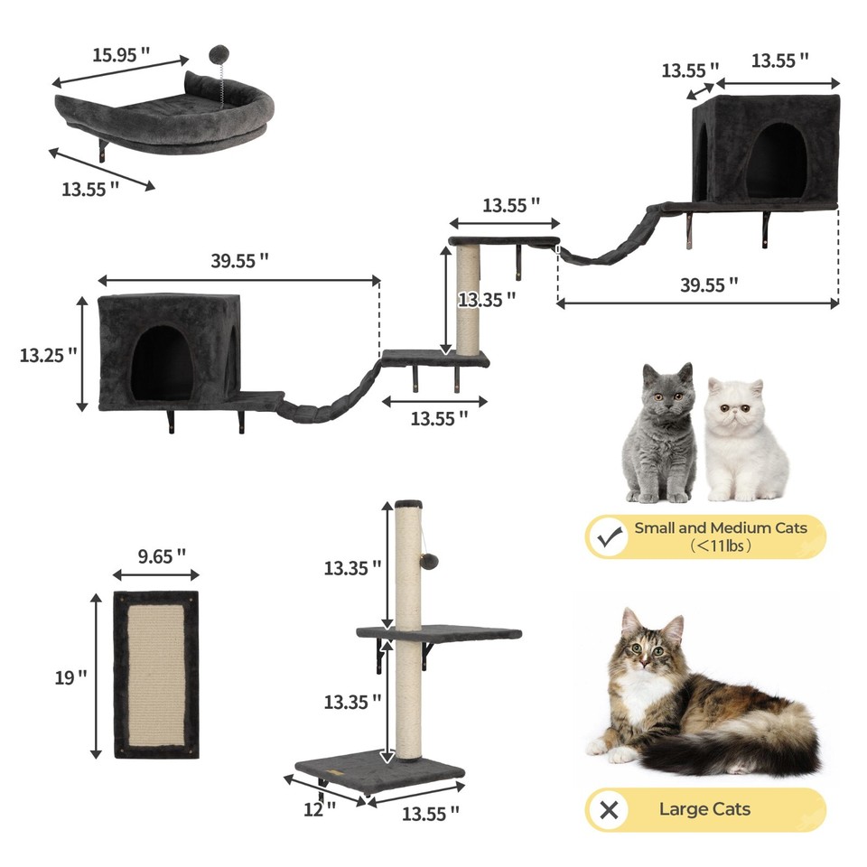 COZIWOW 8-In-1 Wall Mounted Cat Climber Set with Cat Tree Condo House ...