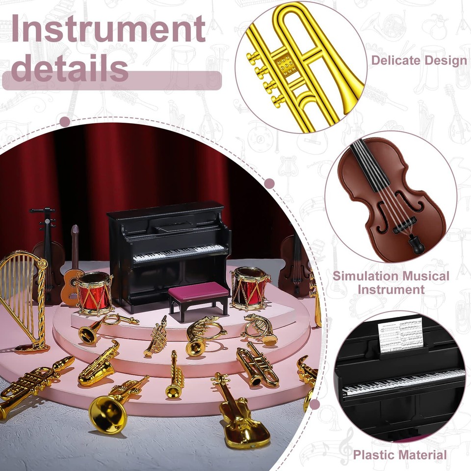 24 Pieces Dollhouse Musical Instruments Miniature Violin Piano Trumpet ...