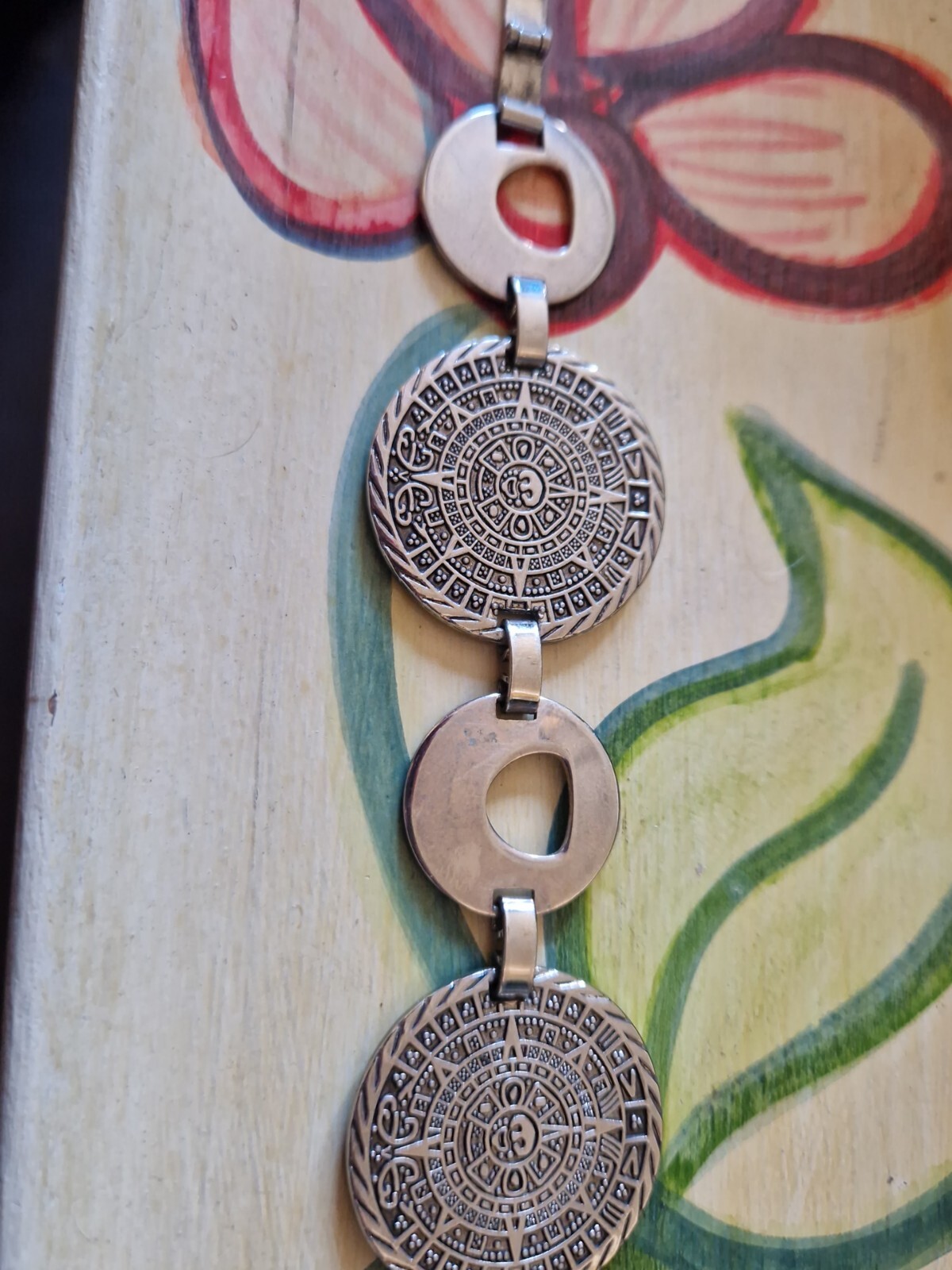 Sterling Silver 925 Mayan Aztec Sundial Calendar Panel Bracelet, 39.62g ...