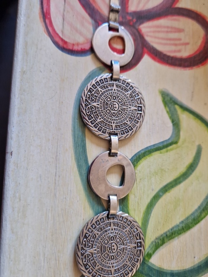 Sterling Silver 925 Mayan Aztec Sundial Calendar Panel Bracelet, 39.62g ...