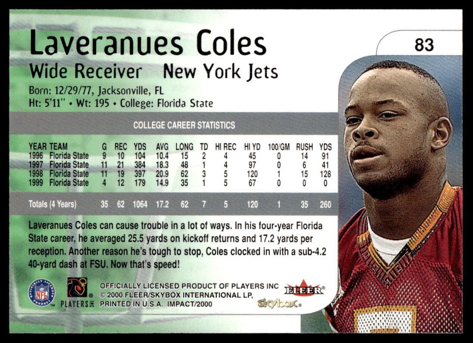 2000 Impact 83 Laveranues Coles New York Jets RC Football Card | eBay