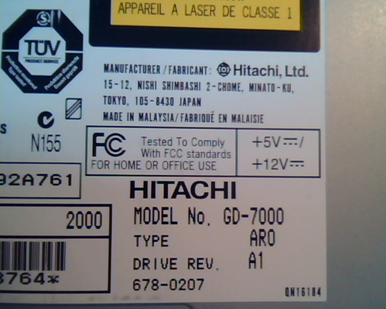 Hitachi DVD ROM GD-7000 AR0 8X H8XRO 678T0010 678-0207 E173792 3892A761 ...