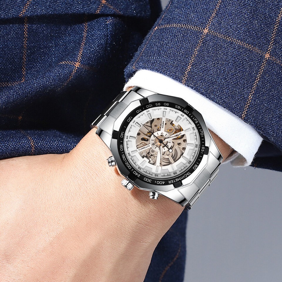 Men's Luxury Stainless Steel Skeleton Automatic Mechanical Wrist Watch ...