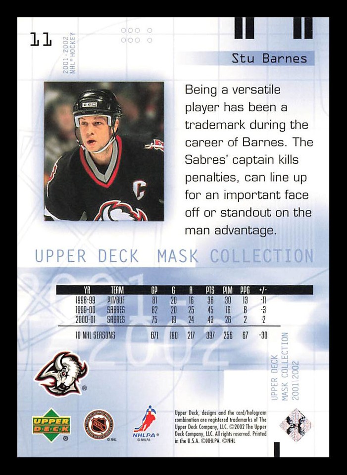 Stu Barnes #11 2001-02 Upper Deck Mask Collection Buffalo Sabres | eBay