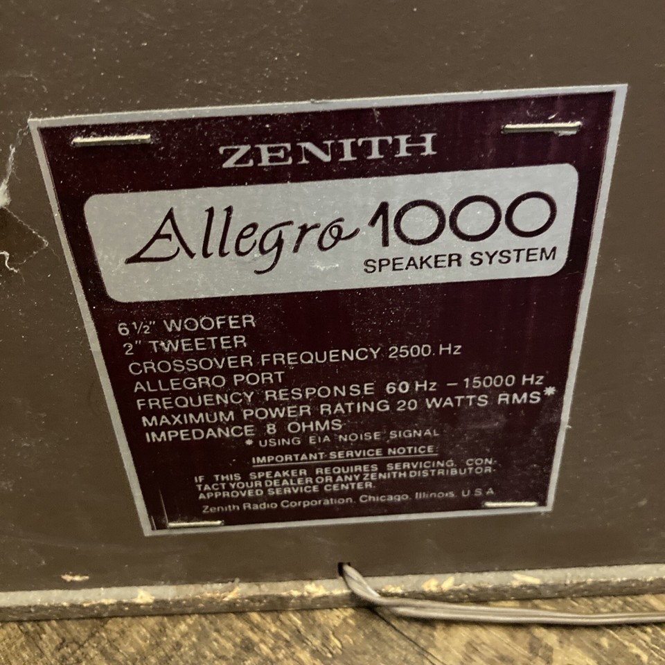2 Vintage Zenith Allegro 1000 Speaker Set 6 1/2" Woofer 2" Horn Tweeter ...