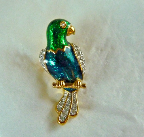Parrot Pin Signed Swarovski Colorful Enamel Gold Tone Bright Clear ...