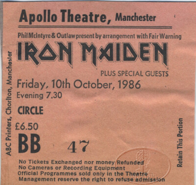 IRON MAIDEN 1986 Concert Ticket Stub Apollo Theatre Manchester UK | eBay