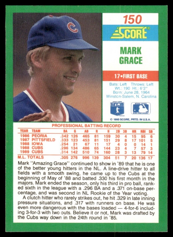 1990 Score #150 Mark Grace Chicago Cubs | eBay