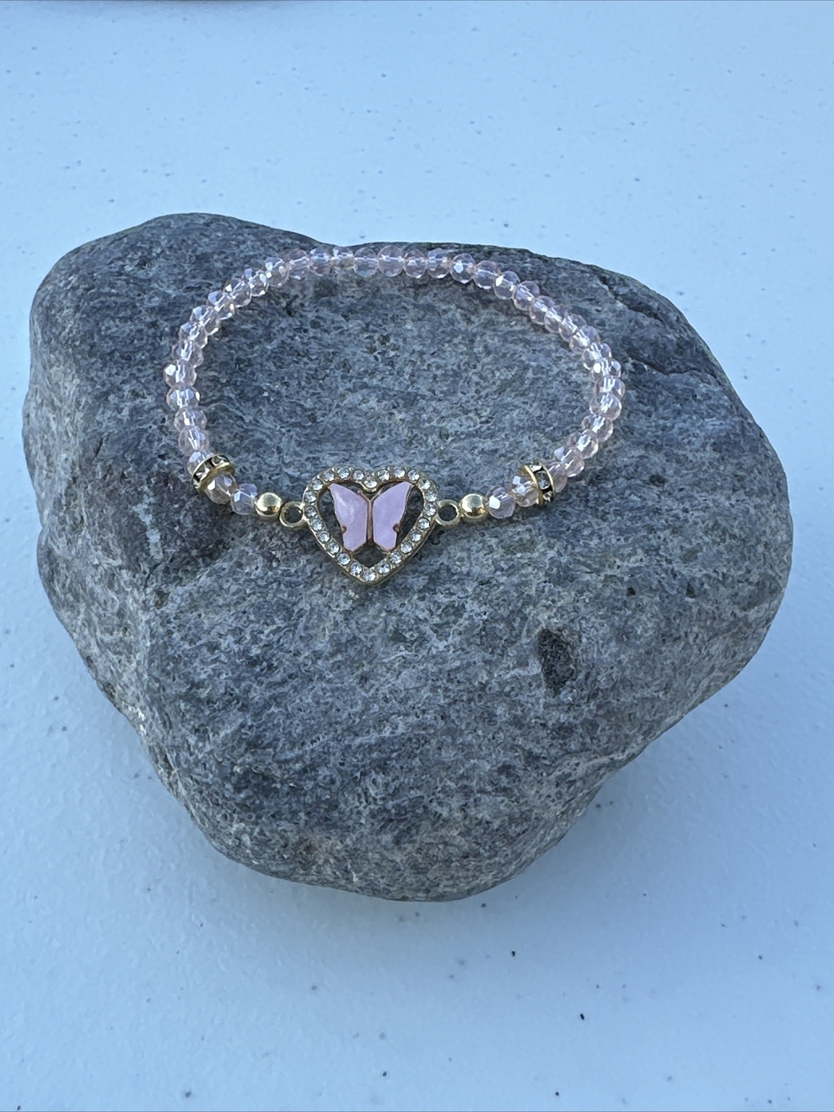 Pink Enamel butterfly Stretch bracelet Pulsera con de crystal 4mm Mariposa