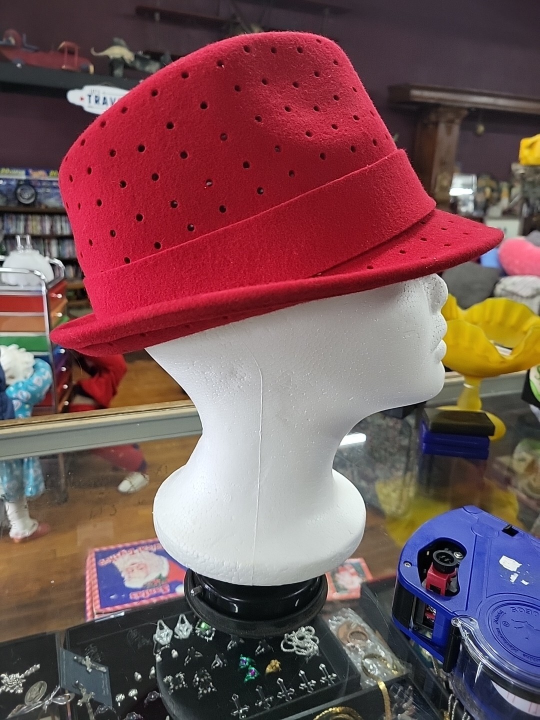 Red Perforated Fedora With Bow - Gem