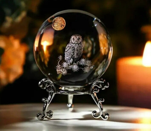Crystal Ball 3D Glass Sphere With Stand Owl Moon Home Decor Art ...