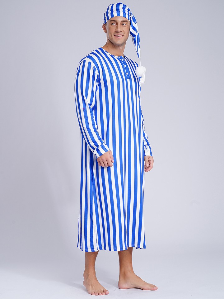 Mens Striped Sleepwear Long Sleeve Nightshirt Night Pajama Set with ...