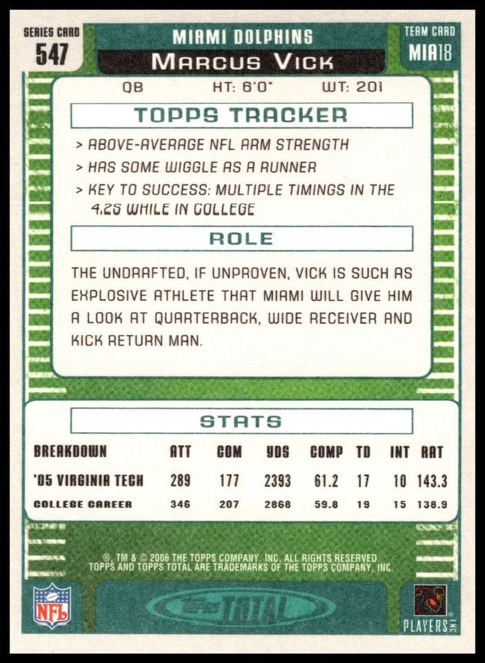 2006 Marcus Vick Rookie Topps Total FOOTBALL RC #547 Miami Dolphins | eBay