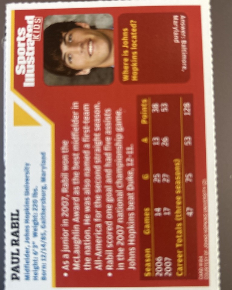 PAUL RABIL ROOKIE 2007 Sports Illustrated SI for Kids #184 Lacrosse | eBay