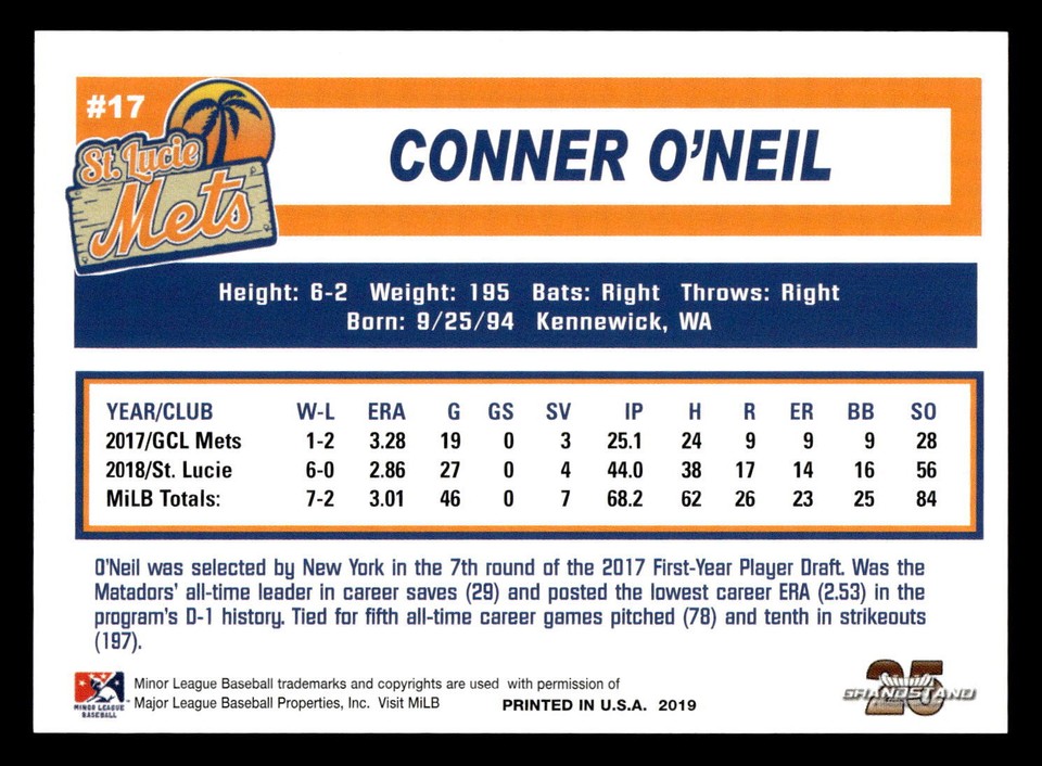 Conner O'Neil 2019 Grandstand St. Lucie Mets #NNO St. Lucie Mets | eBay