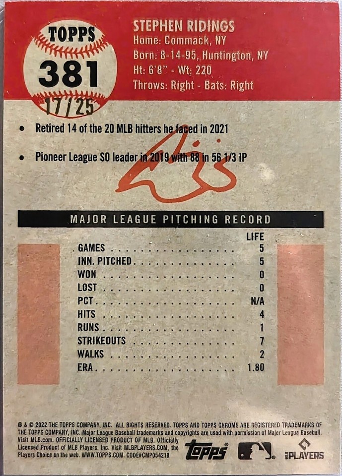 Stephen Ridings 17/25 Rookie Orange Refractor 2022 Topps Chrome ...