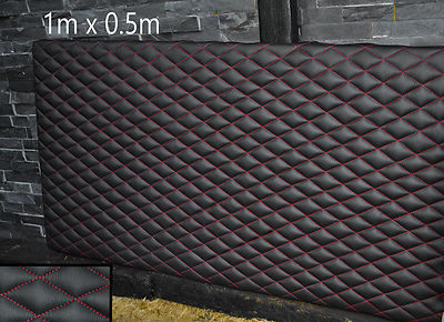 BLACK LEATHER PADDED RED DIAMOND STITCH 1M X 0.5M UPHOLSTERY FURNITURE ...