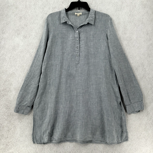 Eileen Fisher Long Line Tunic Shirt MEDIUM 100% Organic Linen Collared ...
