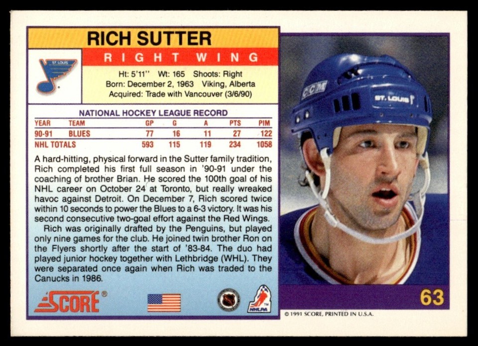 1991-92 Score American #63 Rich Sutter St. Louis Blues | eBay