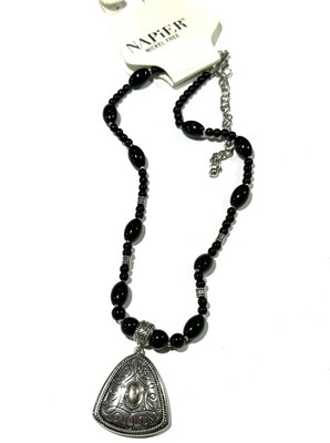 Napier Necklace Black Faceted Bead Silver Filigree Rhinestones Long 24 ...