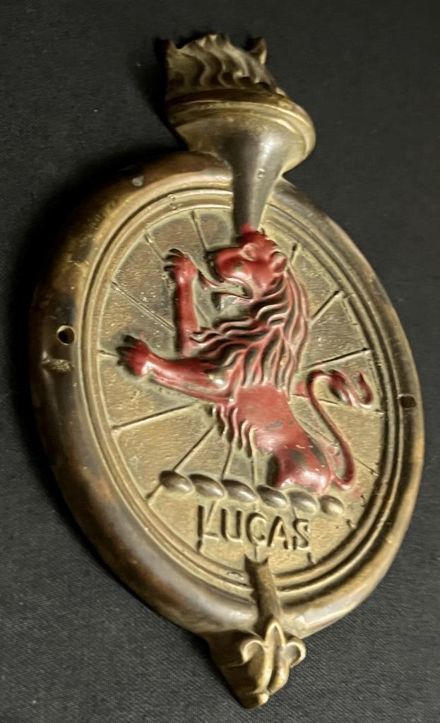 JOSEPH LUCAS LION & TORCH FLAMBEAR VINTAGE BRASS BADGE EMBLEM INSIGNIA ...