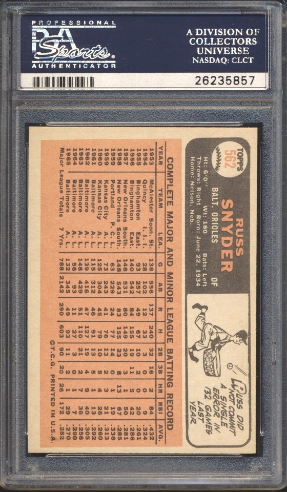 1966 Topps Baseball Russ Snyder #562 PSA 9 oc ORIOLES MINT High Number ...