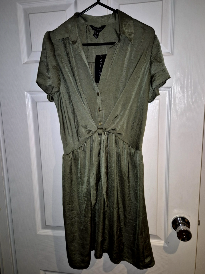 BNWT Ladies NEW LOOK Olive Green Khaki Lightweight Tie-Front Dress Size ...