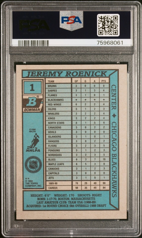 Jeremy Roenick 1990 Bowman Signed Hockey Rookie Card #1 Auto PSA 10 ...