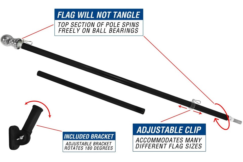 6ft Black Spinning Stabilizer Tangle Free Flag Pole & Adjustable ...