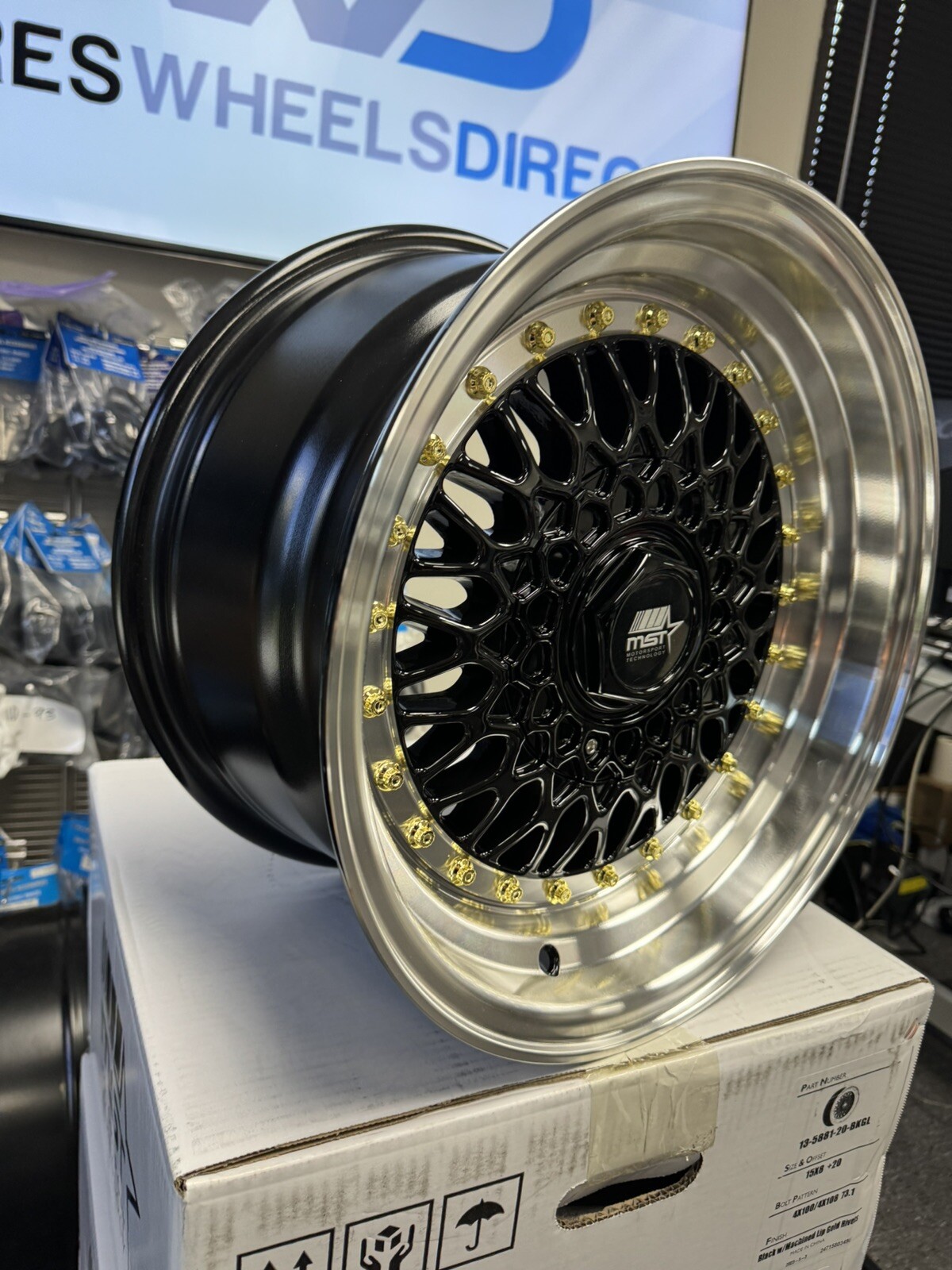 15x8 MST MT13 4x100/4x108 20 Black Machine Lip Gold Rivet Wheels Rims ...